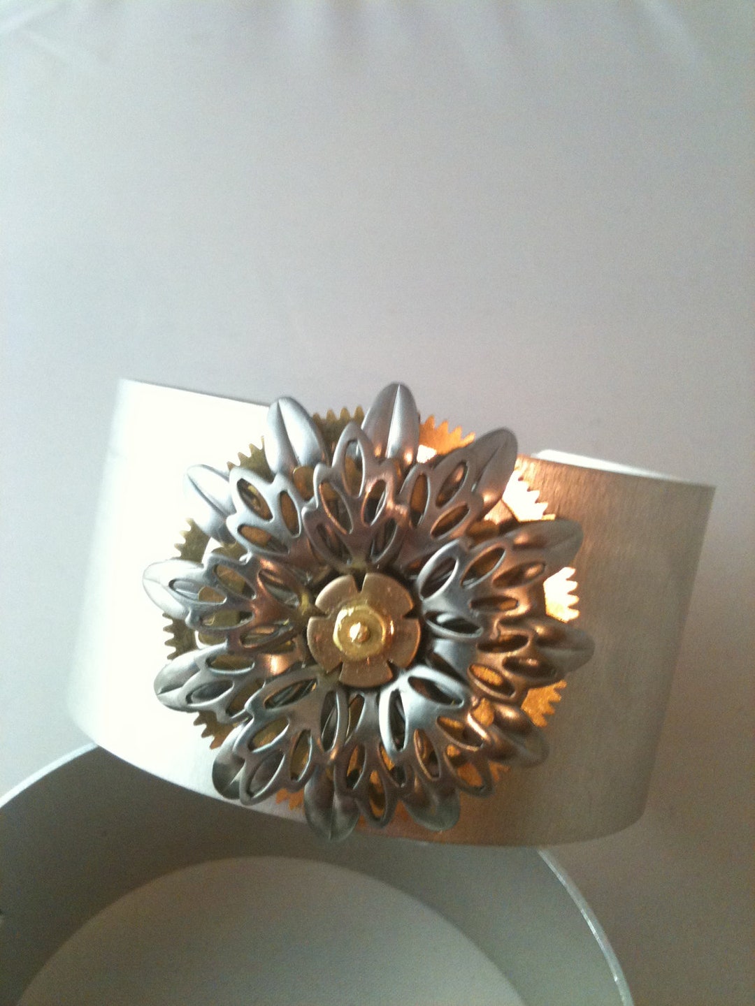 Stacked Gear and Flowers Cuff Bracelet - Etsy