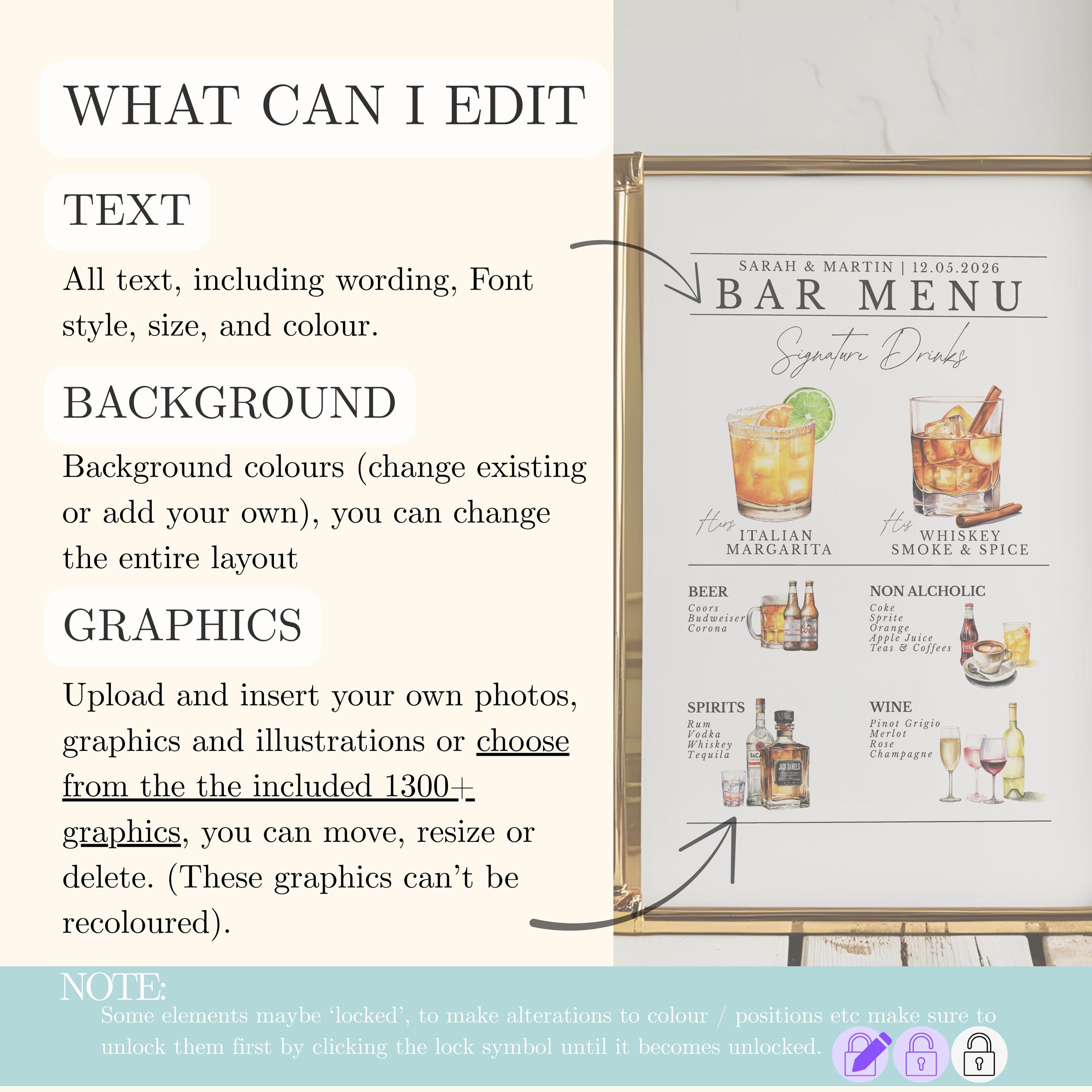 Modern Signature Drinks Bar Menu | Editable Wedding and Party Bar Menu ...