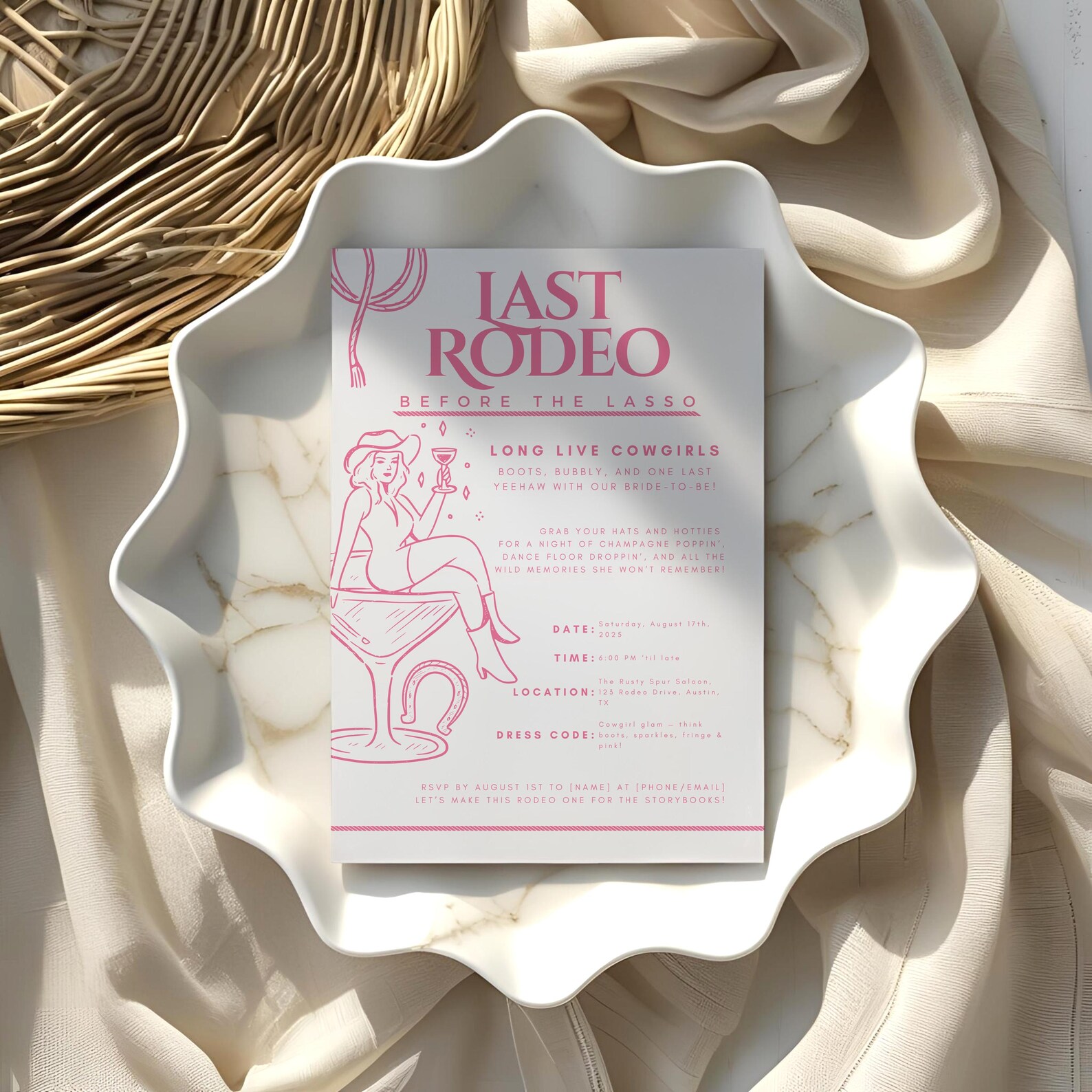 Last Rodeo Bachelorette Party White Invitation | Cowboy Bachelorette ...