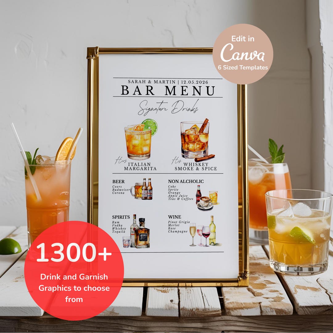 Modern Signature Drinks Bar Menu | Editable Wedding and Party Bar Menu ...