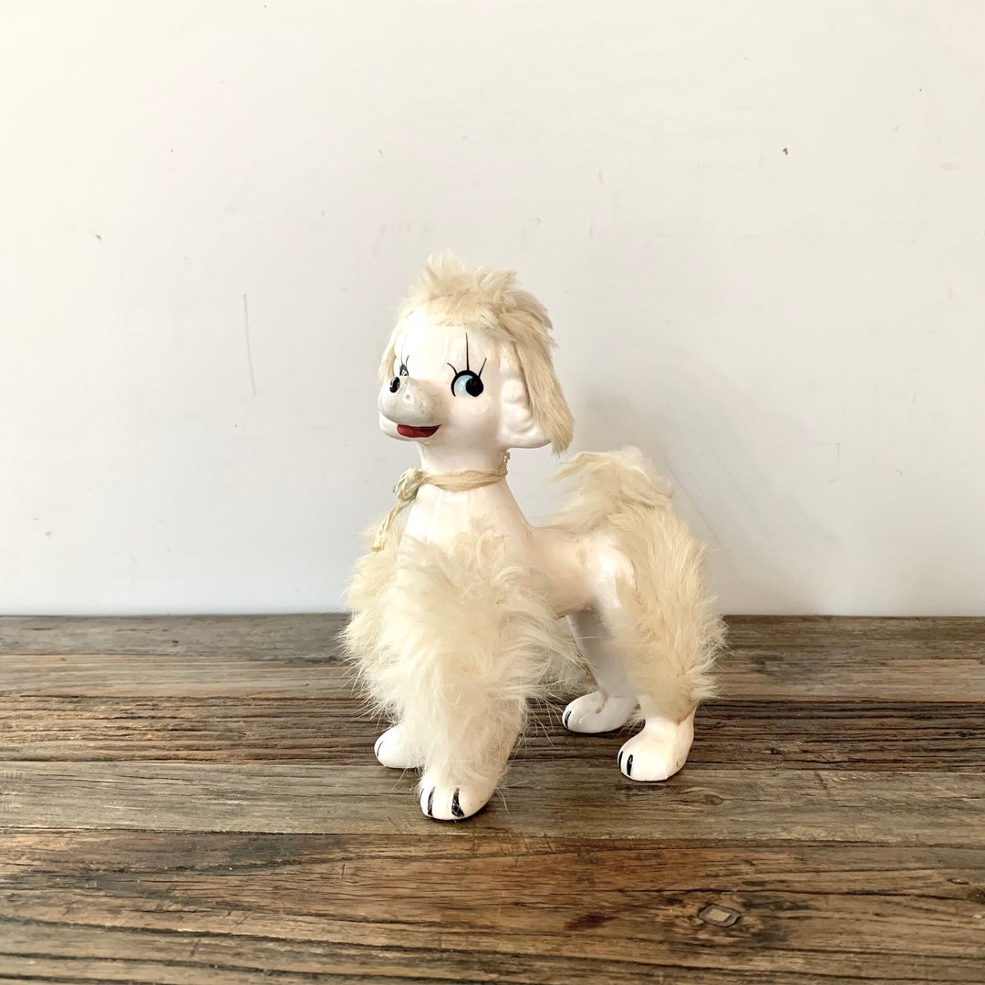 Vintage Ceramic Poodle With Fur / Vintage White Fur Poodle Figurine ...