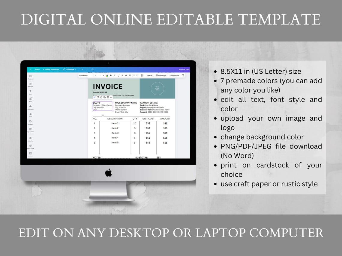 7-color Fully Customizable Invoice Template - Etsy