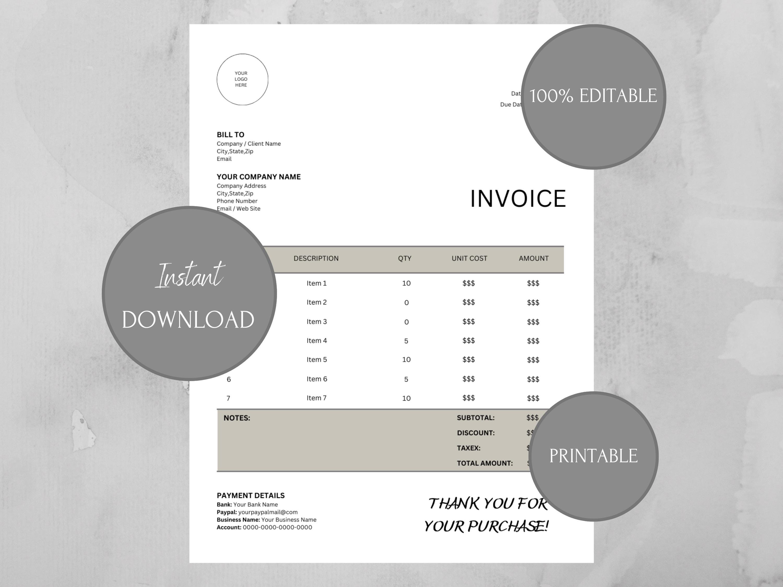 Customizable Invoice Template - 5 Color Options for Business - Etsy