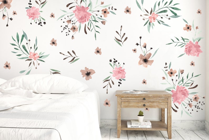 Pink Watercolor Flowers Wall Decals Urbanwalls | Etsy