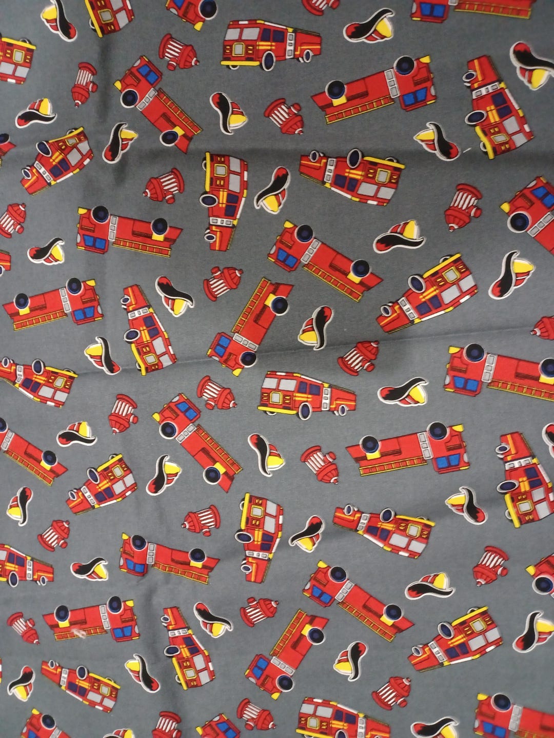 23" of a Gray Fireman Fire Truck Print Cotton Nursery Fabric David ...