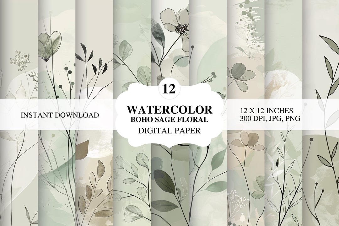 Sage Green Digital Paper Boho Watercolor Flowers | Floral Pattern ...