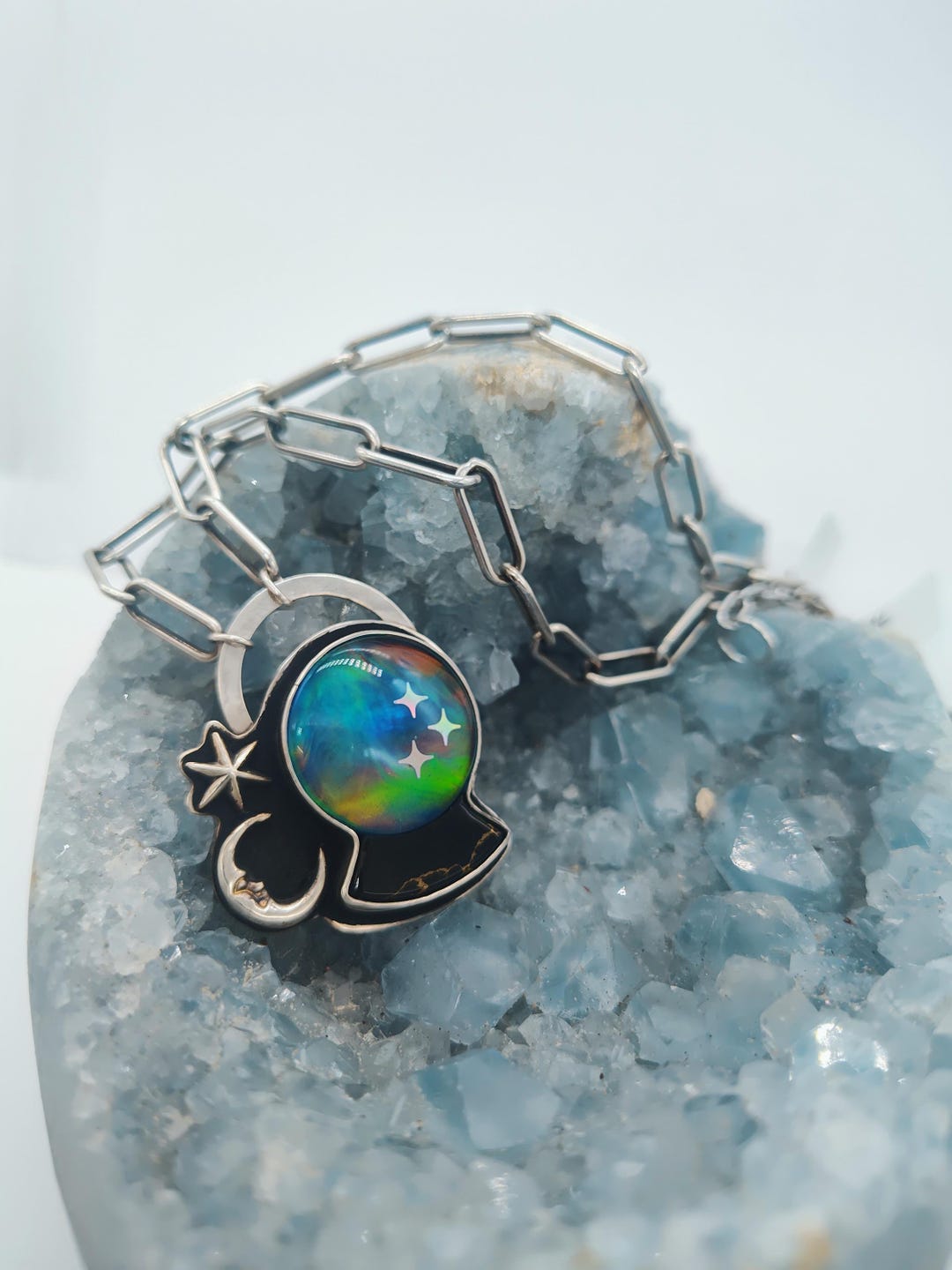 Crystal Witches Ball Psychic Moon Star Necklace. Aurora Opal Sterling ...