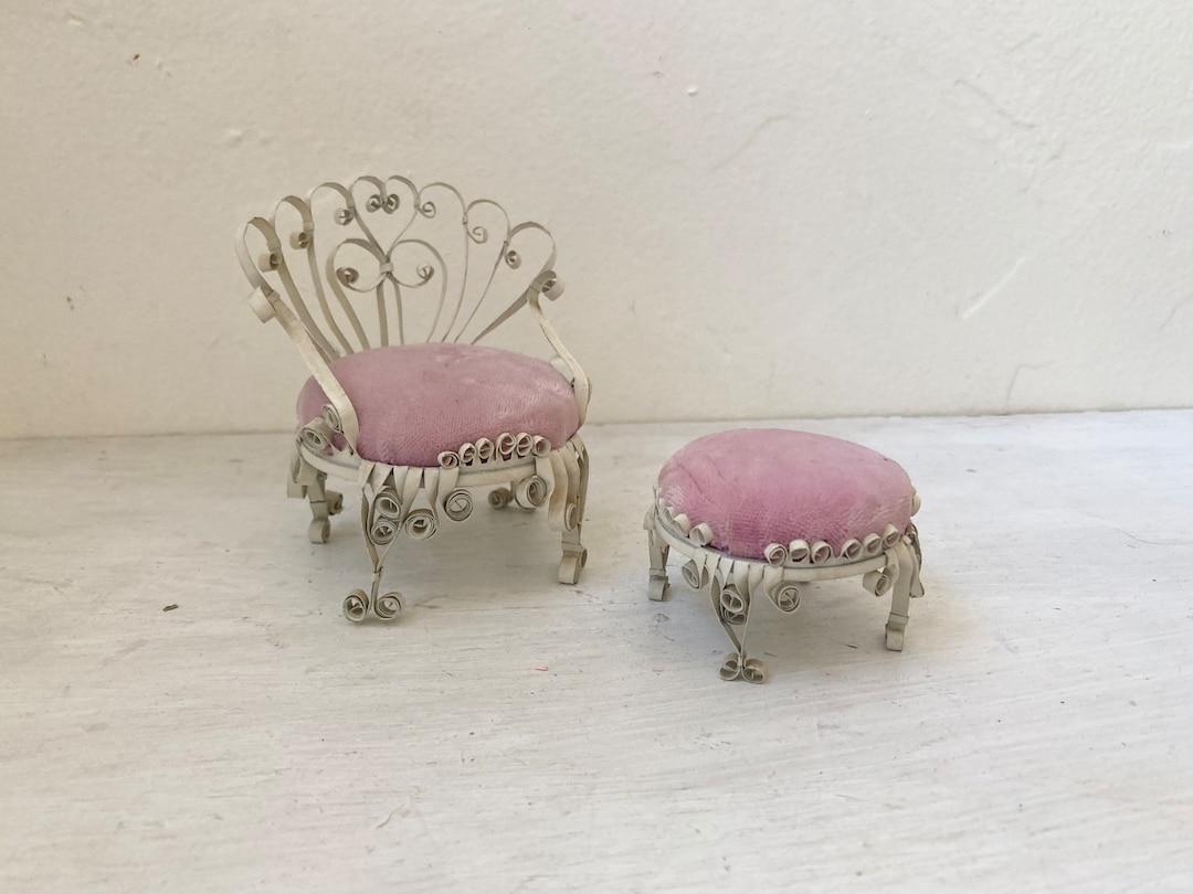 Vintage Miniature Folk Art Chair and Ottoman, Handmade From Tin Cans ...