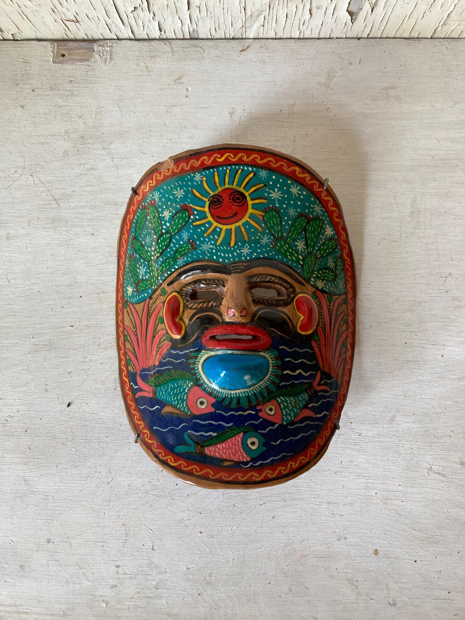 Vintage Terra Cotta Face Wall Art, Mask, Handmade, Colorful, Folk Art ...