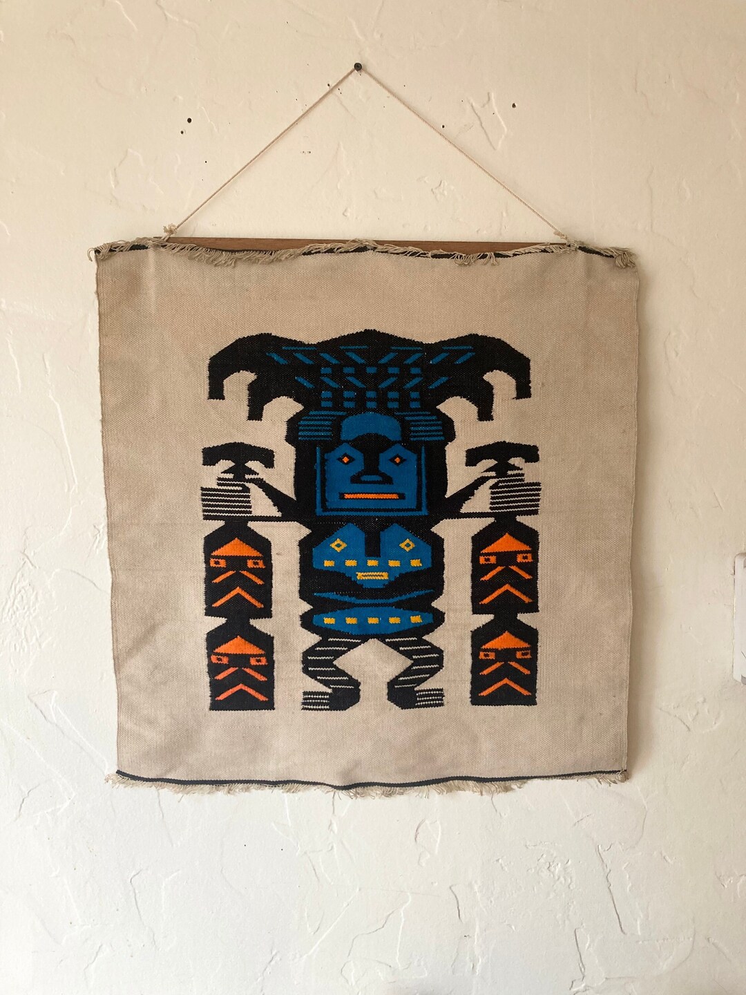 Vintage Latin American Woven Wall Hanging, Blue/orange/cream, Wood ...