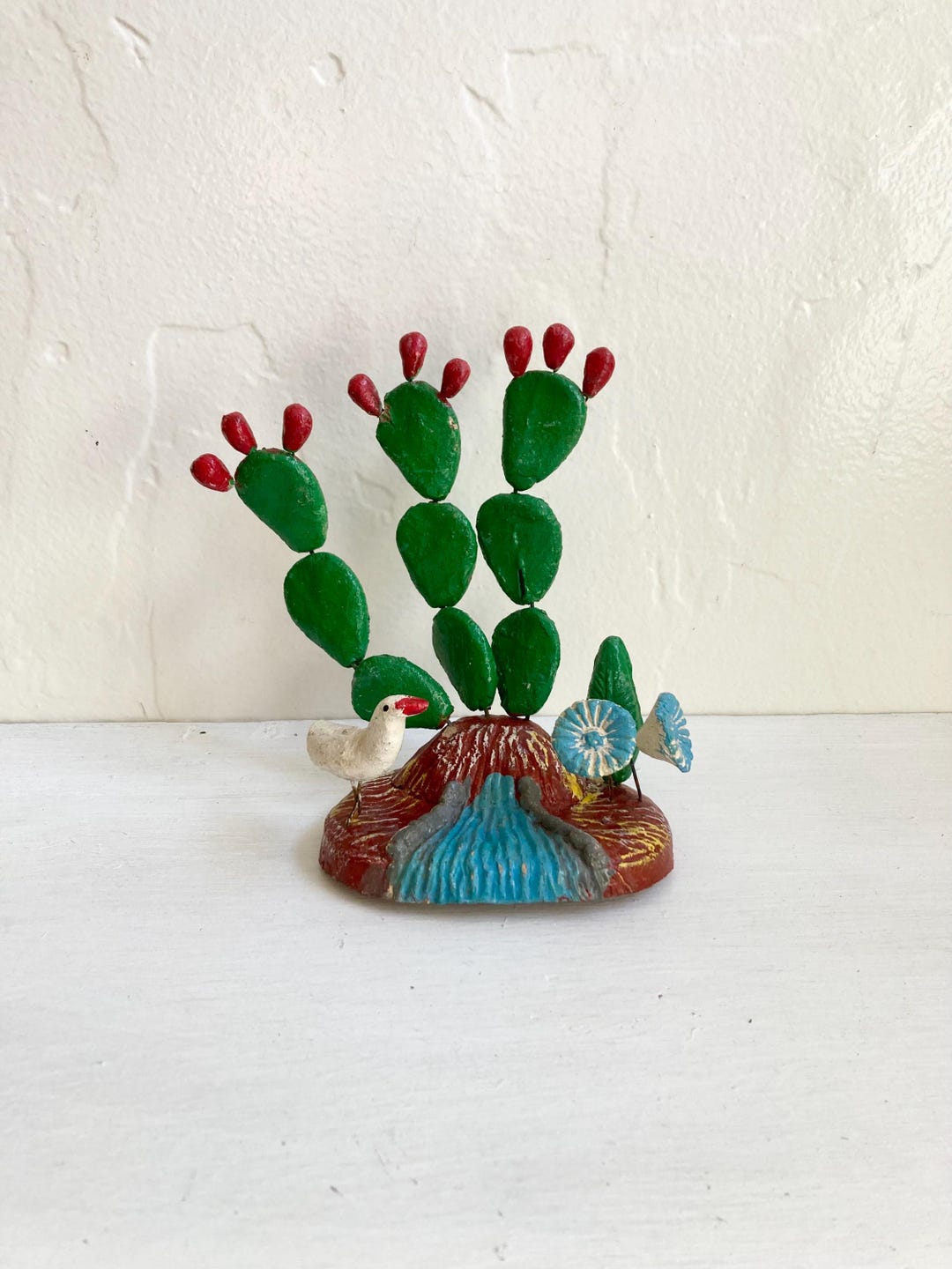 Vintage Concrete Cactus With Bird Art, Sculpture, Handmade, Colorful ...