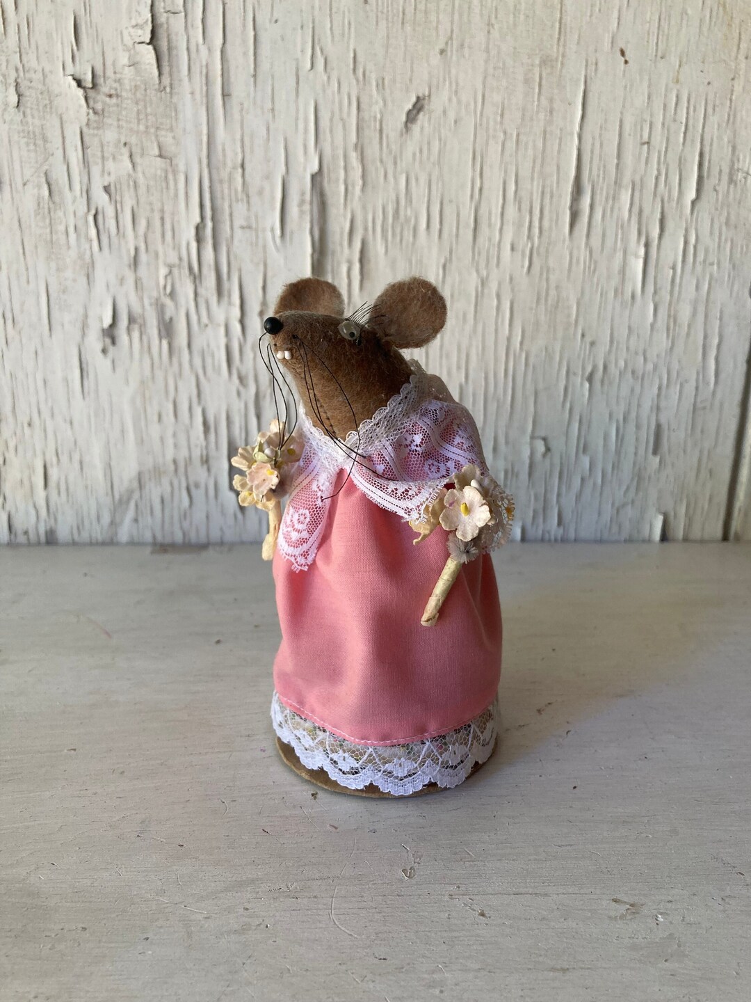 Vintage Felt Folk Art Mouse With Pink Dress, Flowers, Detailed, Hand ...