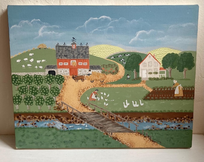 Vintage Folk Art Farm Landscape Painting, Signed, Acrylic on Canvas ...
