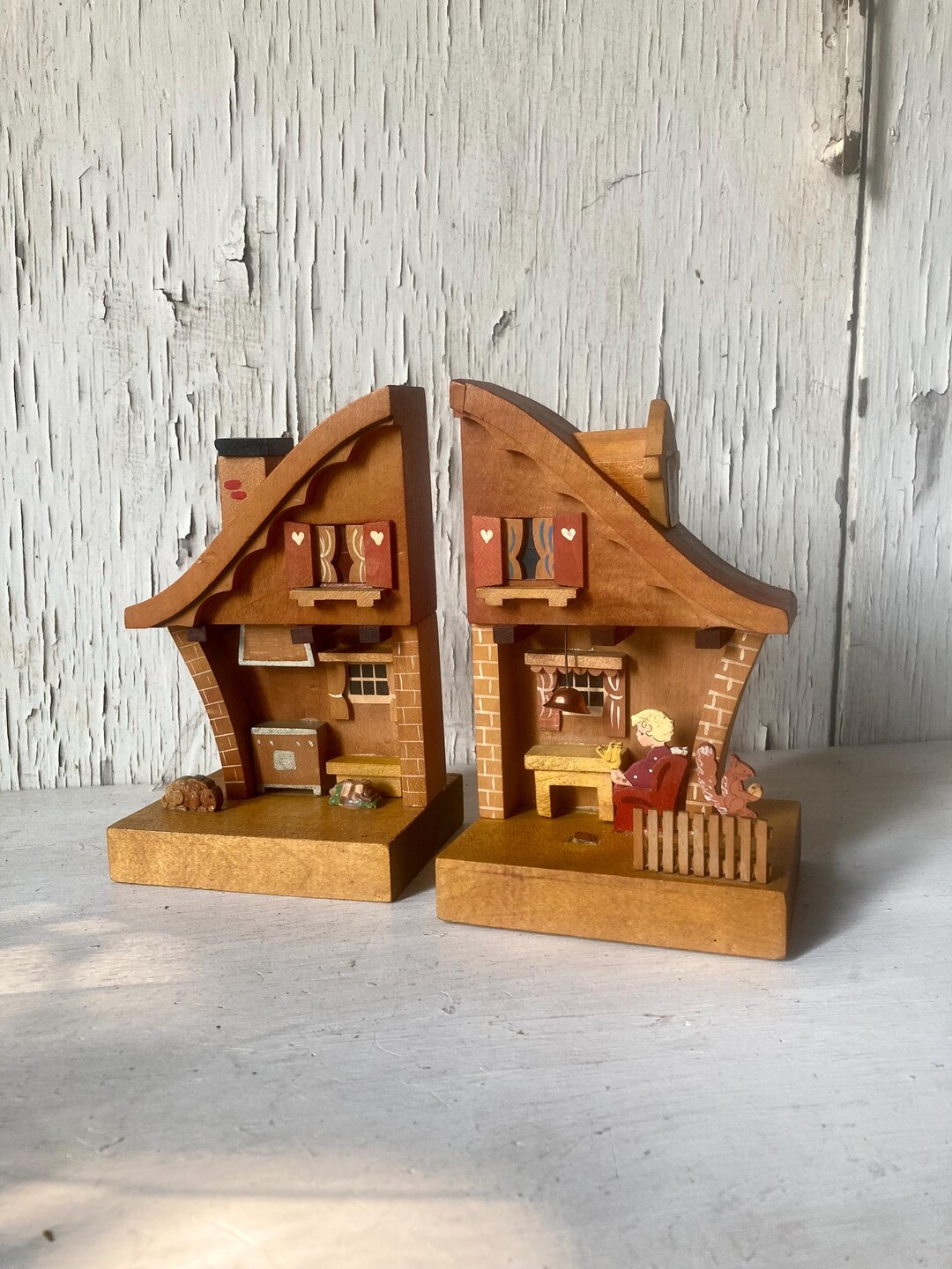 Vintage Folk Art House Bookends, Anri Italy, Handmade, Wood, Book Lover ...