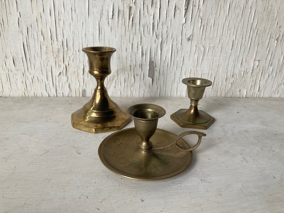 Vintage Set of Brass Candle Holders, Made in India, Gold, Metal, Handle ...