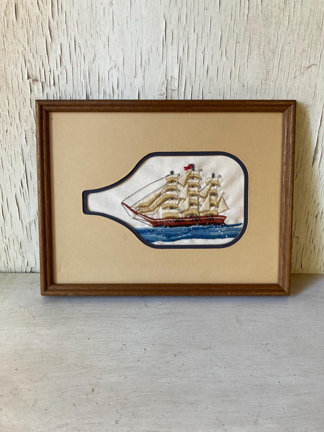 Vintage Needlepoint Ship in A Bottle, Handmade, Embroidery, Textiles ...