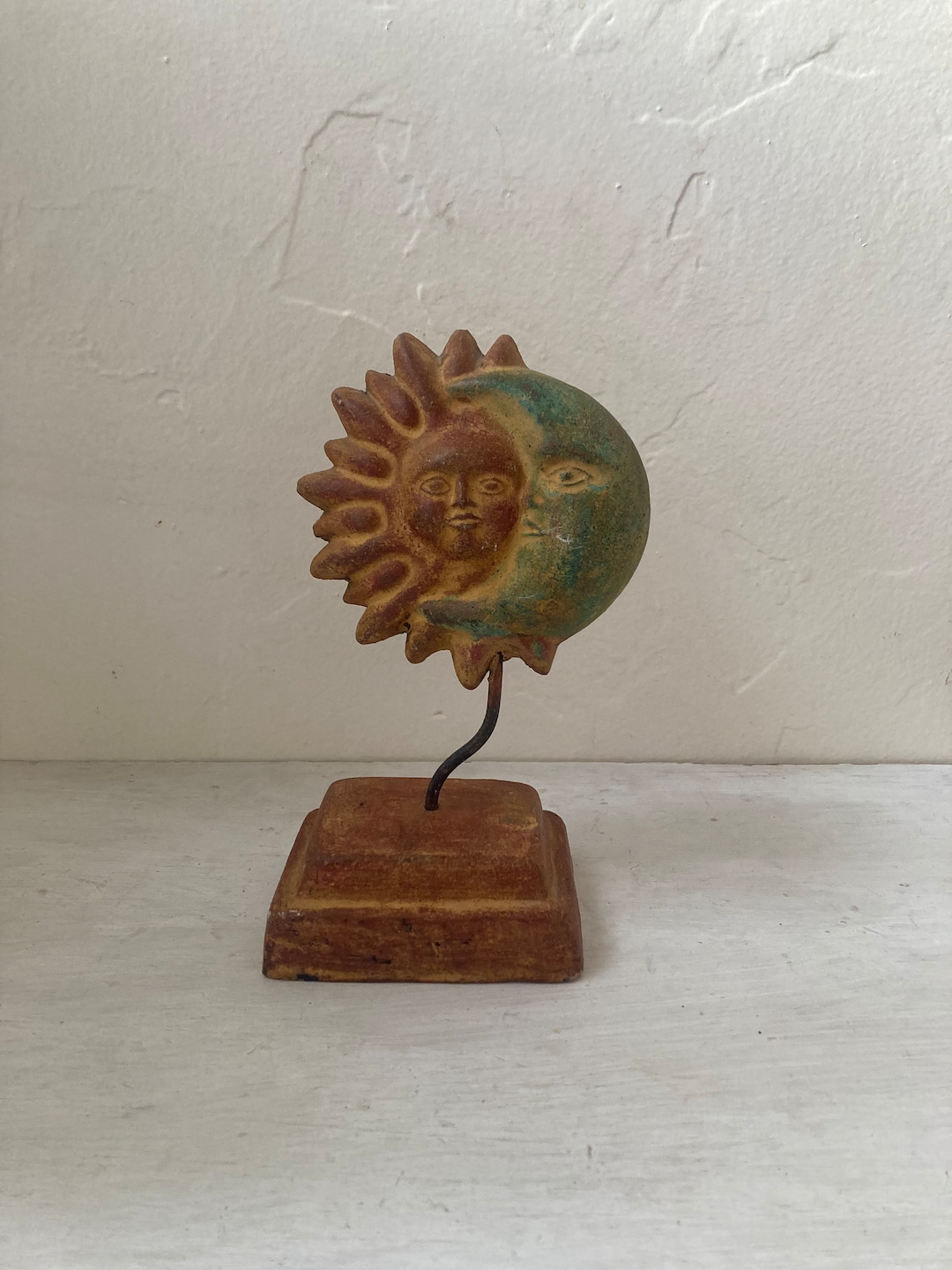 Vintage Terra Cotta Sun/moon Sculpture, Green/orange, Celestial, Latin ...