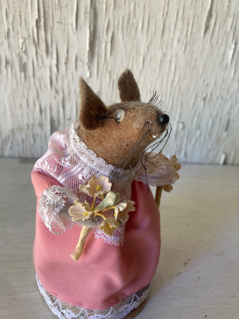 Vintage Felt Folk Art Mouse With Pink Dress, Flowers, Detailed, Hand ...