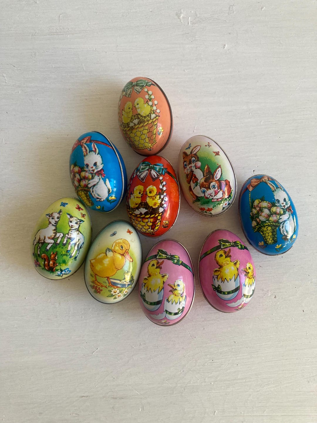 Vintage Set of 9 Tin Easter Eggs, Murray Allen, Candy Holders, Home ...