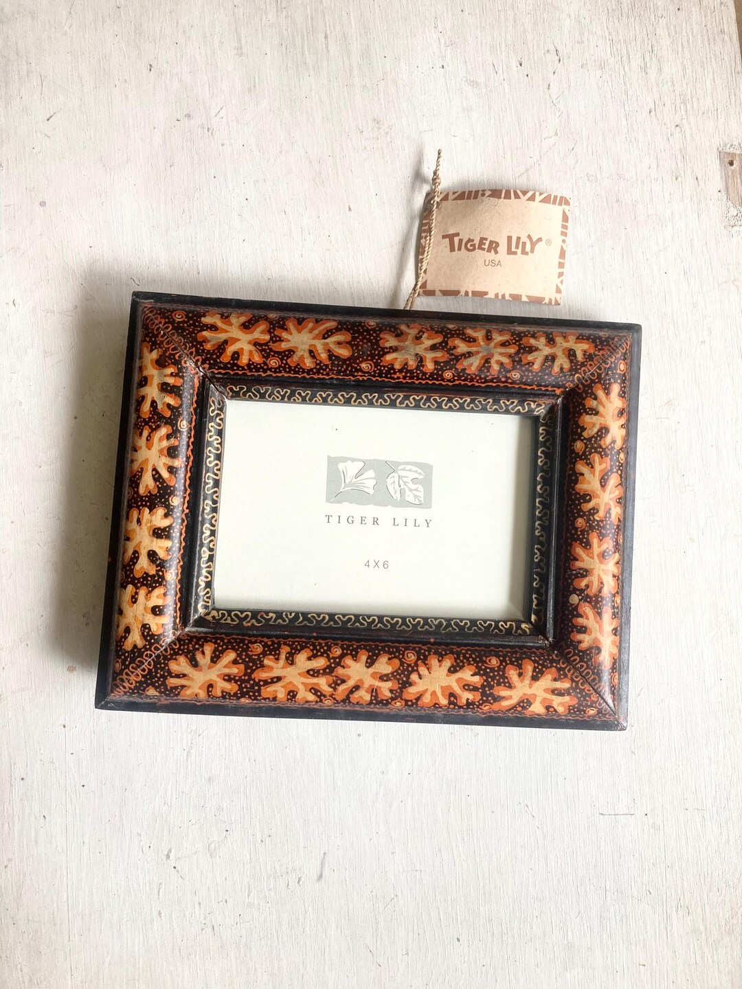 Vintage Batik Wooden Frame, "tiger Lily", Folk Art, Handmade, Brown ...