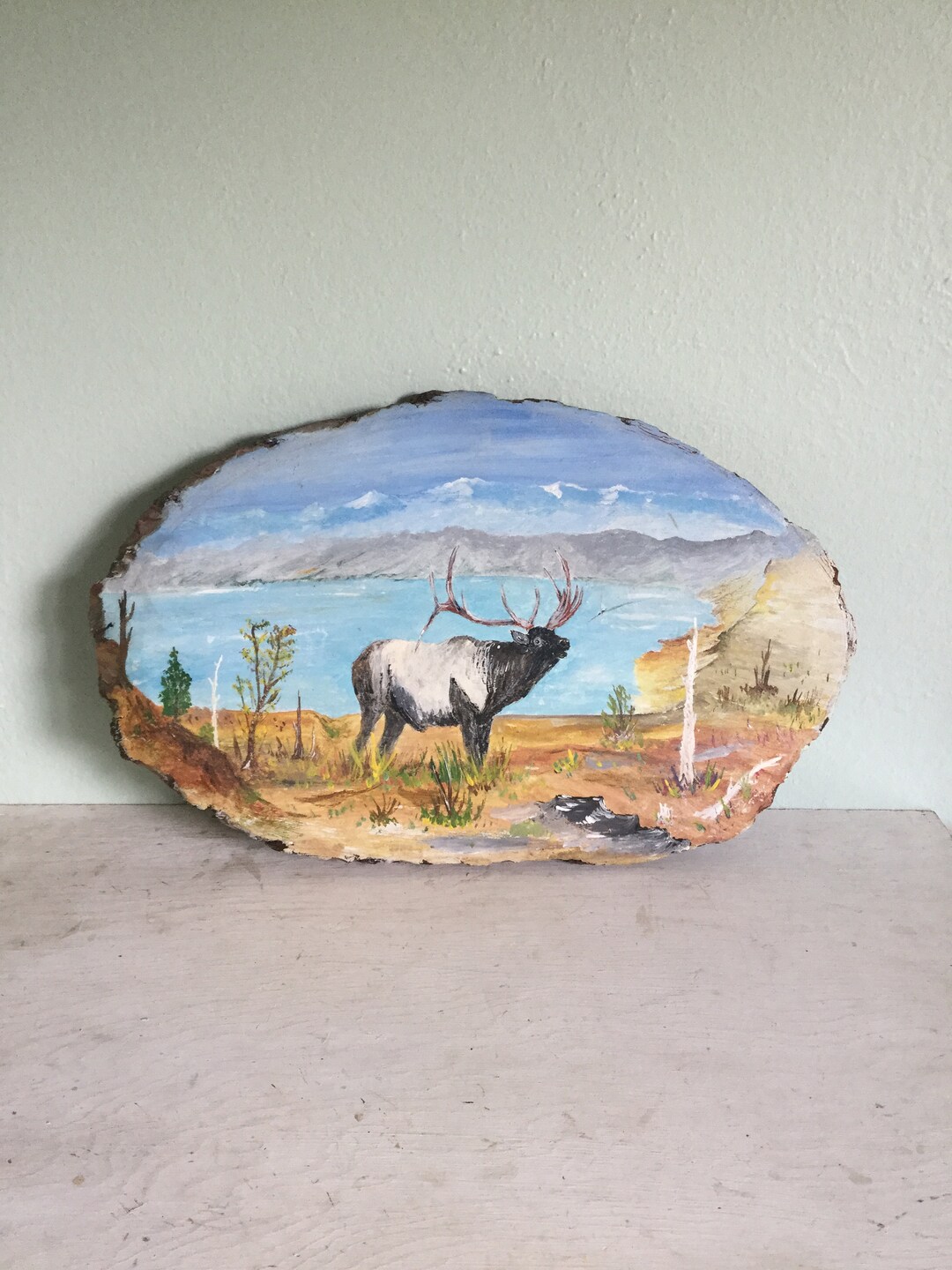 Vintage Elk Landscape Painting on Wood Slice, Handmade Folk Art - Etsy