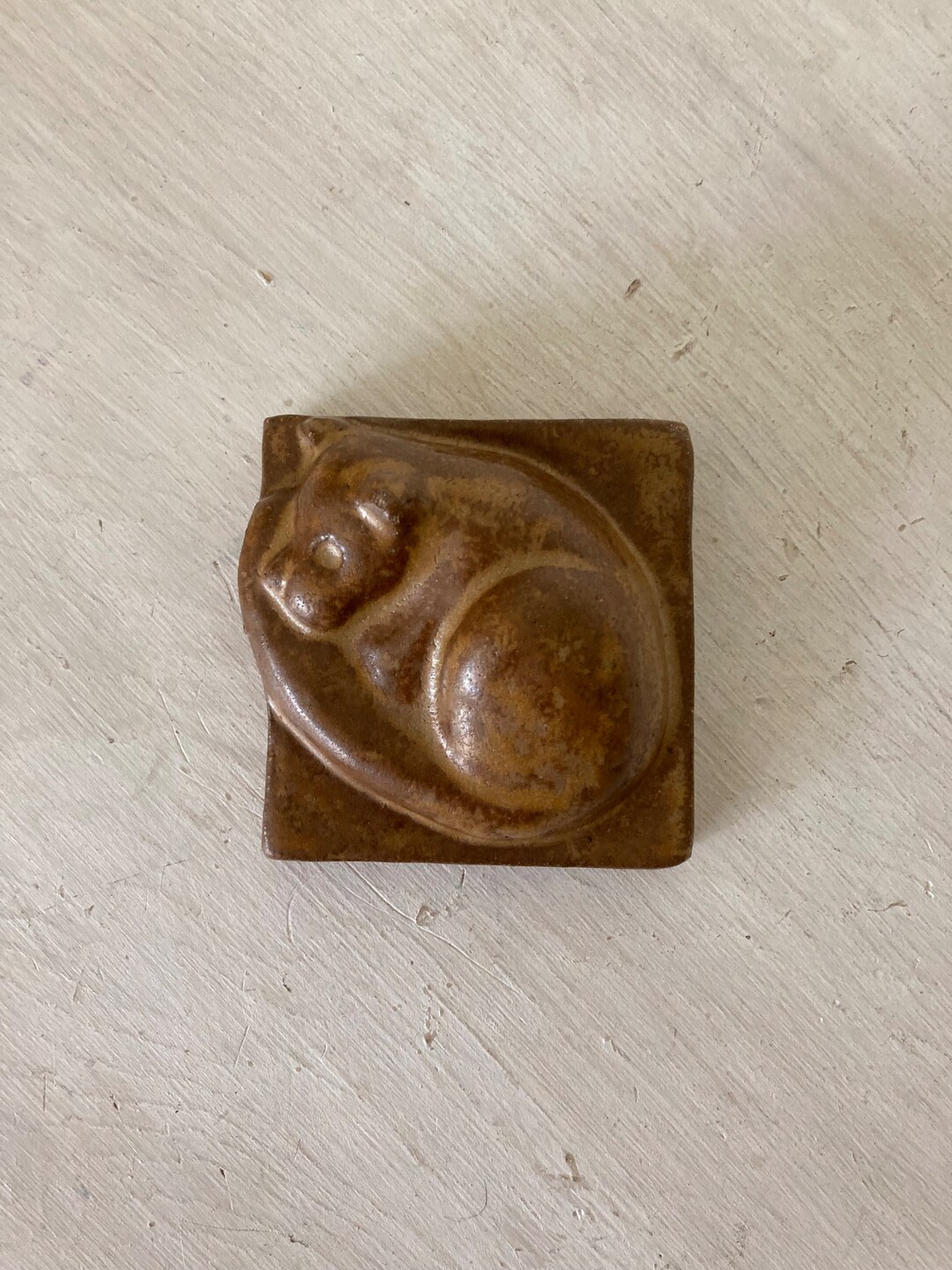 Vintage Ontko Cat Tile, Sleeping Kitty, Brown, Stoneware, Handmade ...