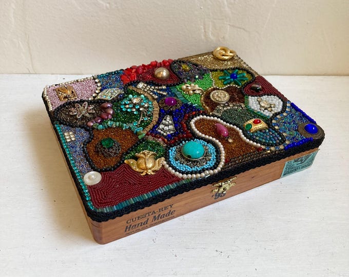 Vintage Folk Art Bedazzled Cigar Box, Beads, Jewelry, Handmade, One of ...