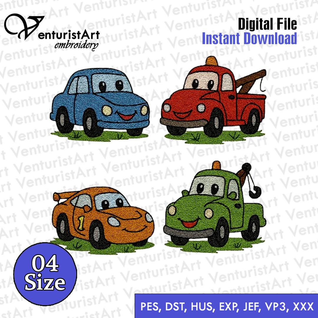 Cars Embroidery Designs, Cartoon Cars Embroidery Files, 7 Sizes Instant ...