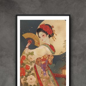 Graceful Maiko with Red Roses_Japanese Fantasy Puzzle with Full Moon ...