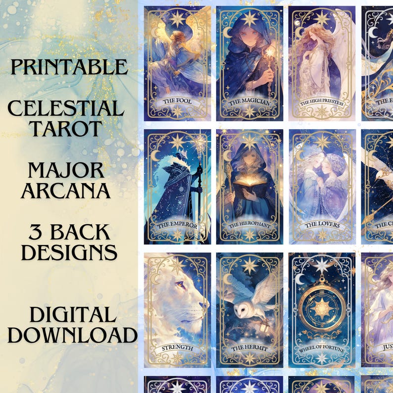 Printable Celestial Tarot – Major Arcana Set + 3 Back Designs (digital ...
