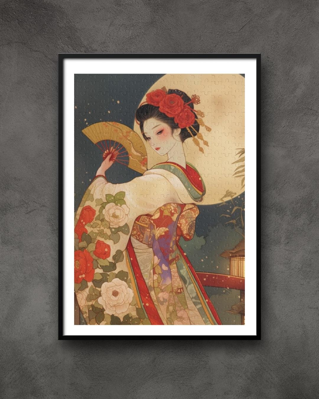 Graceful Maiko With Red Roses_japanese Fantasy Puzzle With Full Moon ...