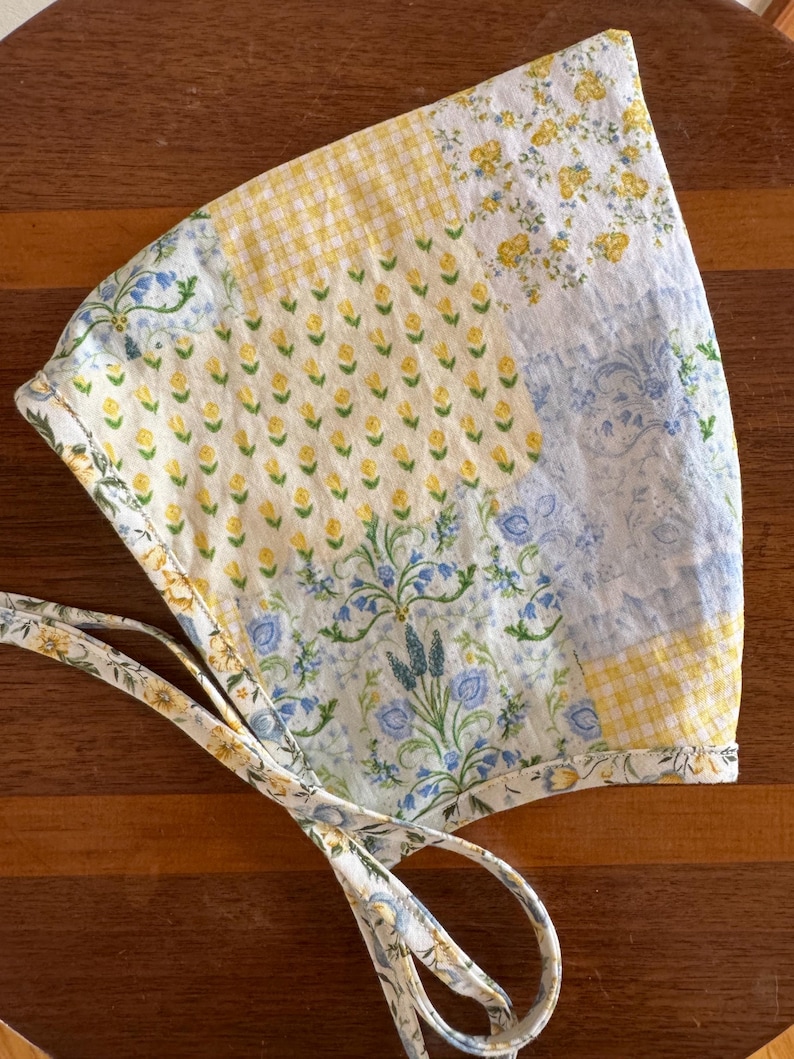 Reversible Cotton Pixie Bonnet, Yellow Blue Floral Quilt, Gnome Style ...