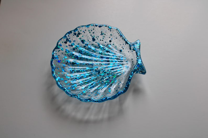 Blue Sequin Seashell Resin Soap Dish, Handmade Coastal Bathroom Decor ...
