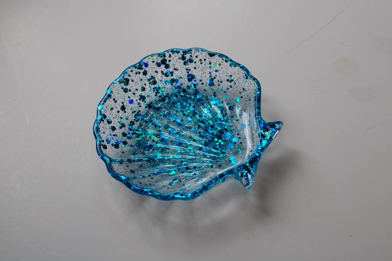 Blue Sequin Seashell Resin Soap Dish, Handmade Coastal Bathroom Decor ...