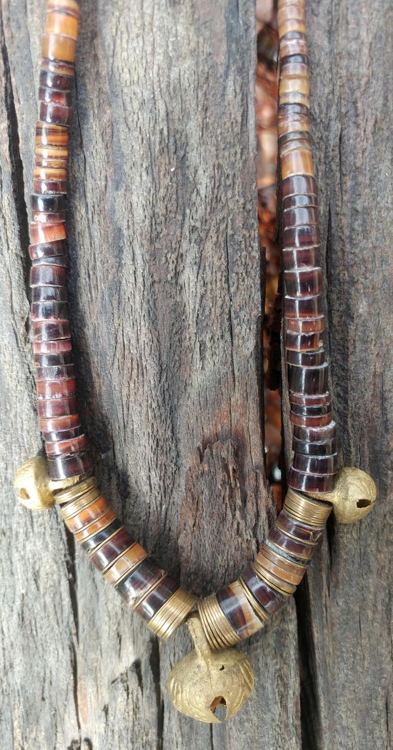 Antique Heishi Bead and Bronze Bell Choker Necklace - Gem
