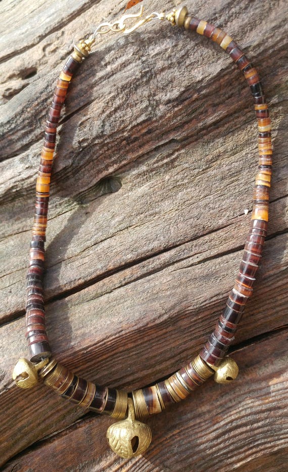 Antique Heishi Bead and Bronze Bell Choker Necklace - Gem