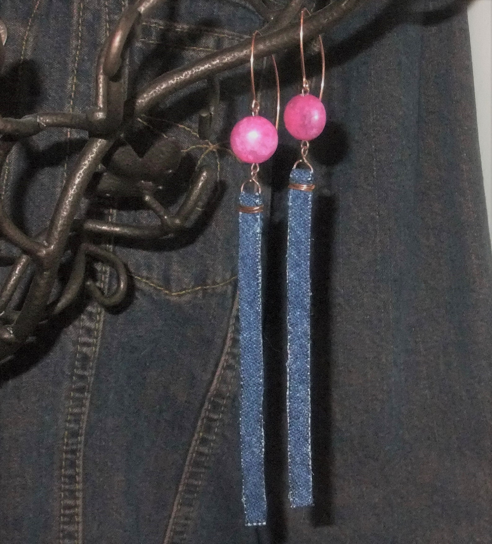 Long Denim Statement Earrings Boho Earrings Denim Tassel Earrings ...