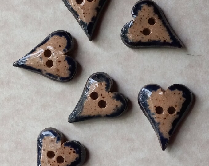 Set of 6 Ceramic Heart Buttons, Brown/black, Handmade, Heart Shaped ...