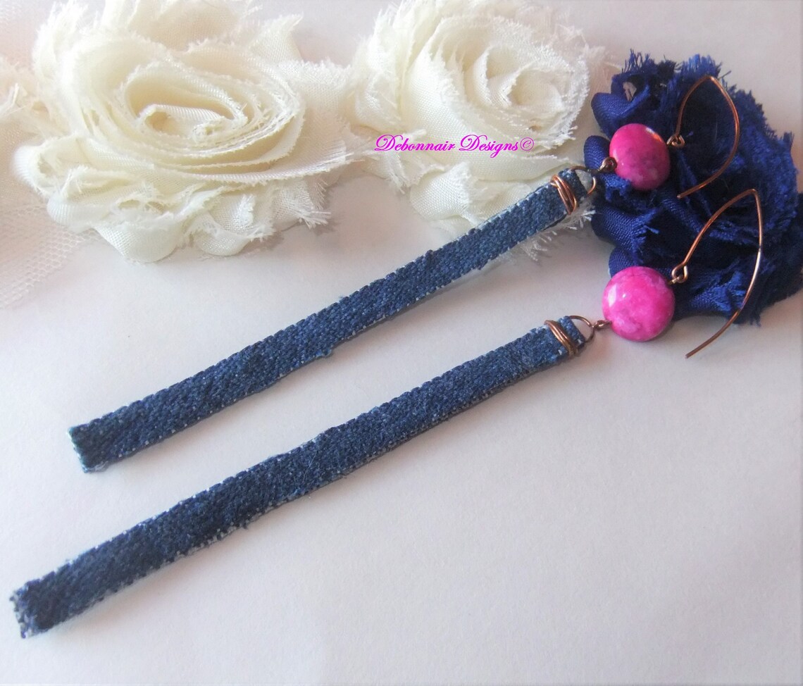 Long Denim Statement Earrings Boho Earrings Denim Tassel | Etsy