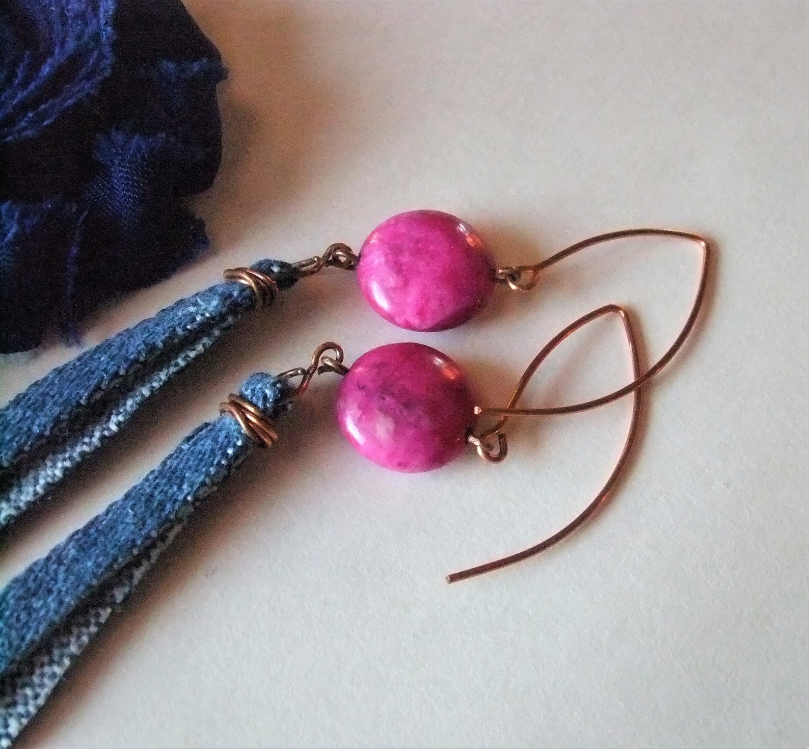 Long Denim Statement Earrings Boho Earrings Denim Tassel Earrings ...