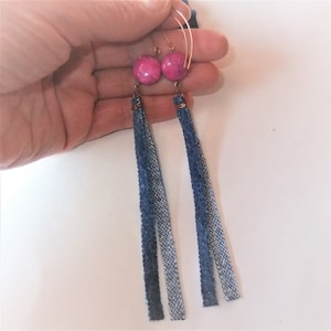 Long Denim Statement Earrings Boho Earrings Denim Tassel Earrings ...