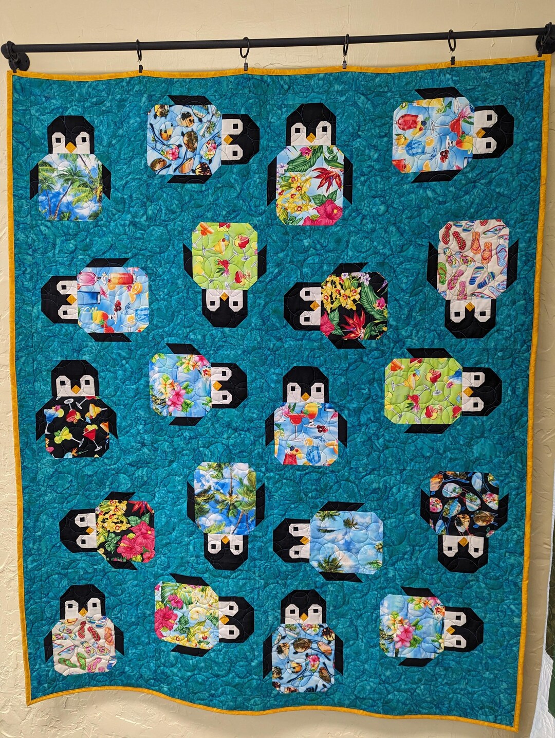 Pool Penguin Quilt for a New Homeowner Happy Hour Penguins Swimming ...