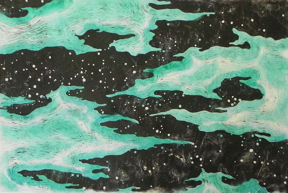 Night Sky - HUGE Original Linocut (turquoise or White) - Etsy