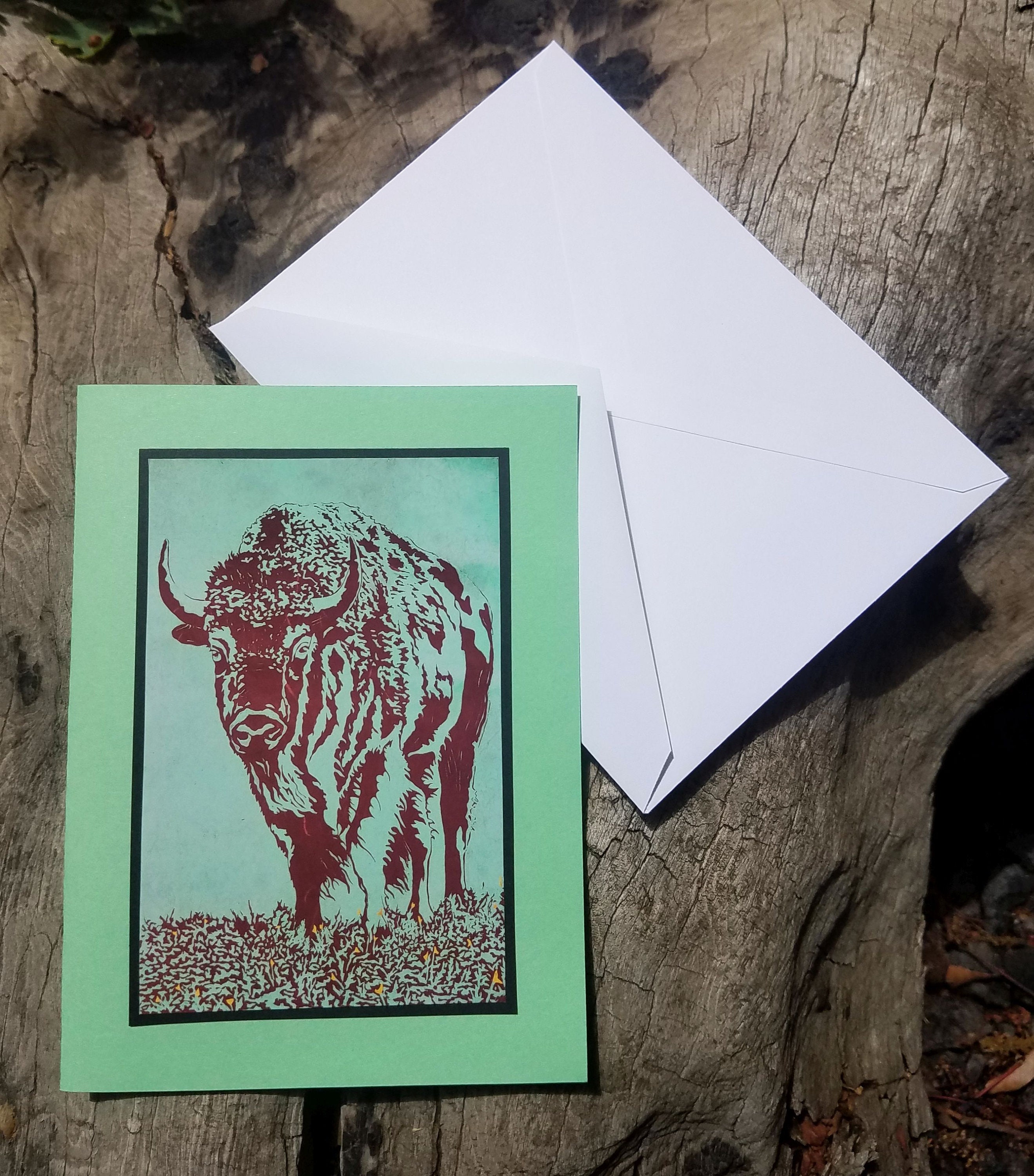 5 Handmade Bison of the Grasslands Cards sage Green, Baby Blue, Red ...