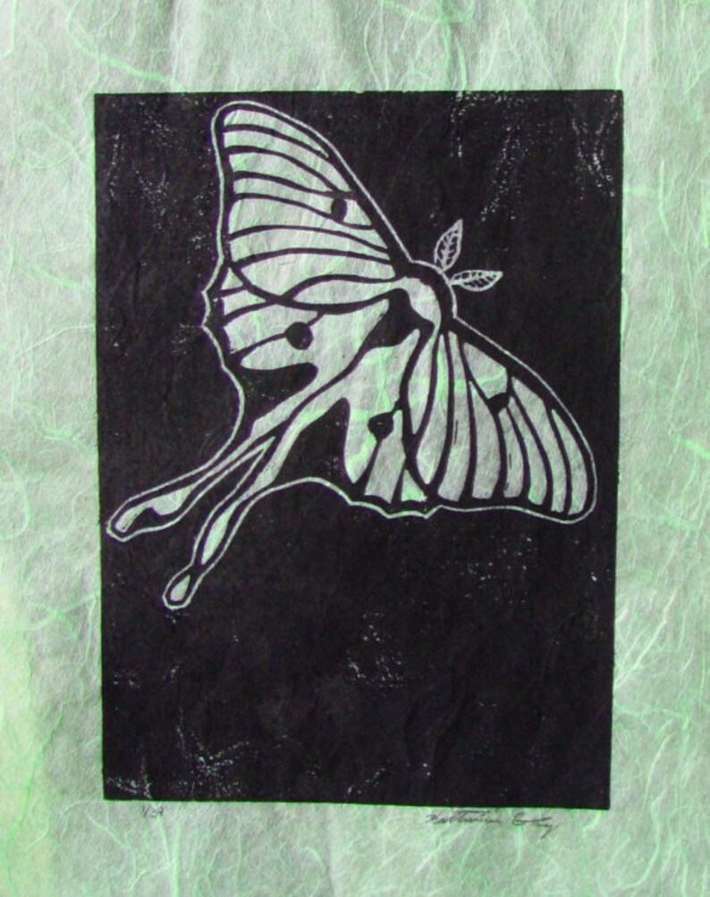 Luna Moth Original Linocut turquoise or Green - Etsy