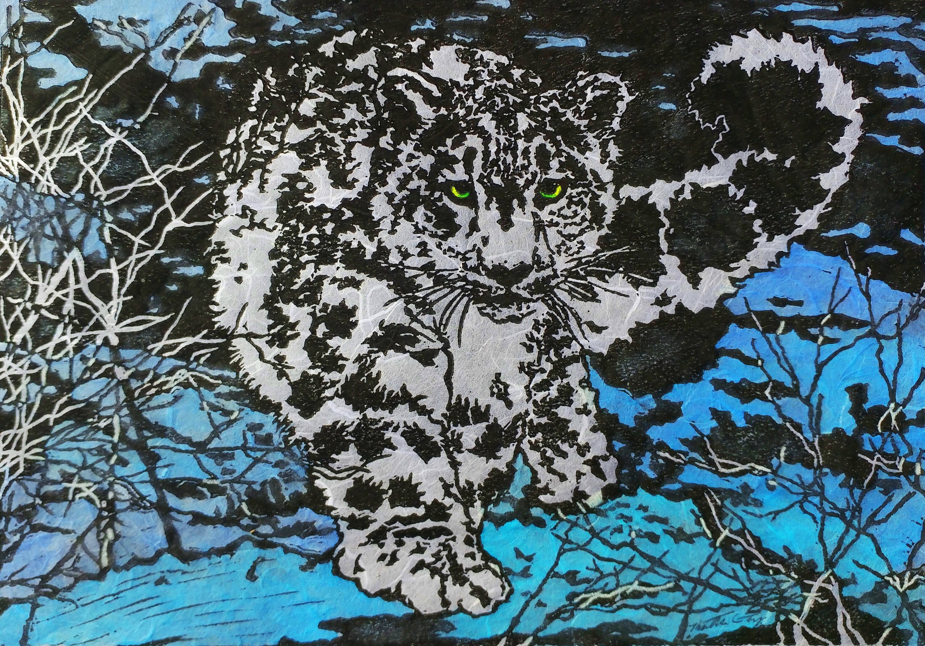 Snow Leopard Original Linocut | Etsy