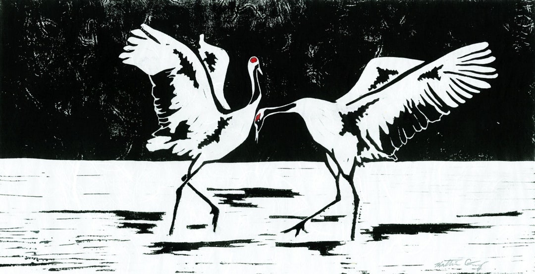 Dancing Cranes - Original Linocut - Etsy