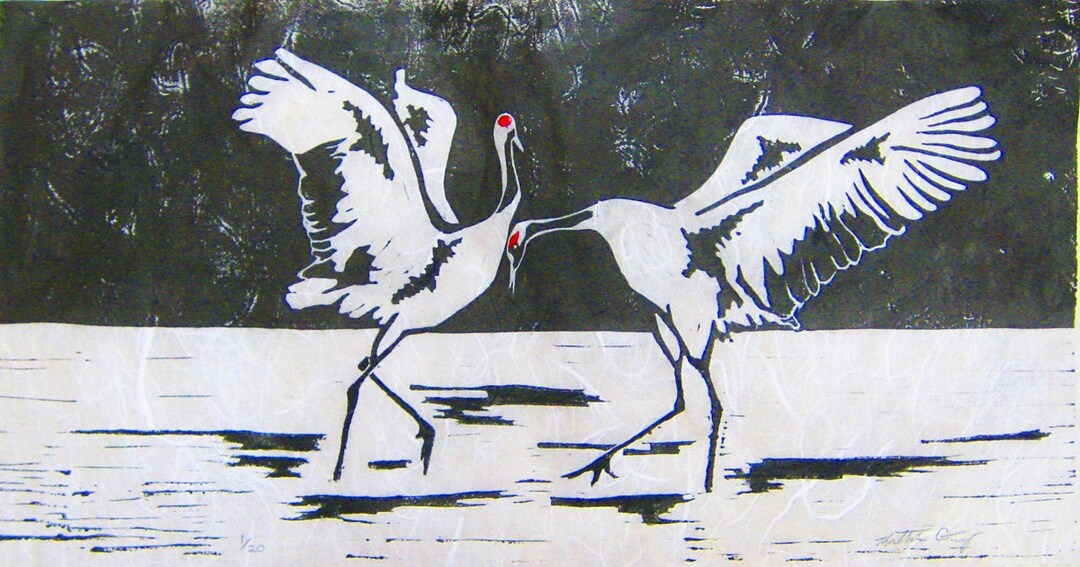 Dancing Cranes Original Linocut - Etsy