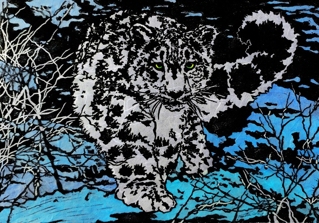 Snow Leopard - Original Linocut - Etsy