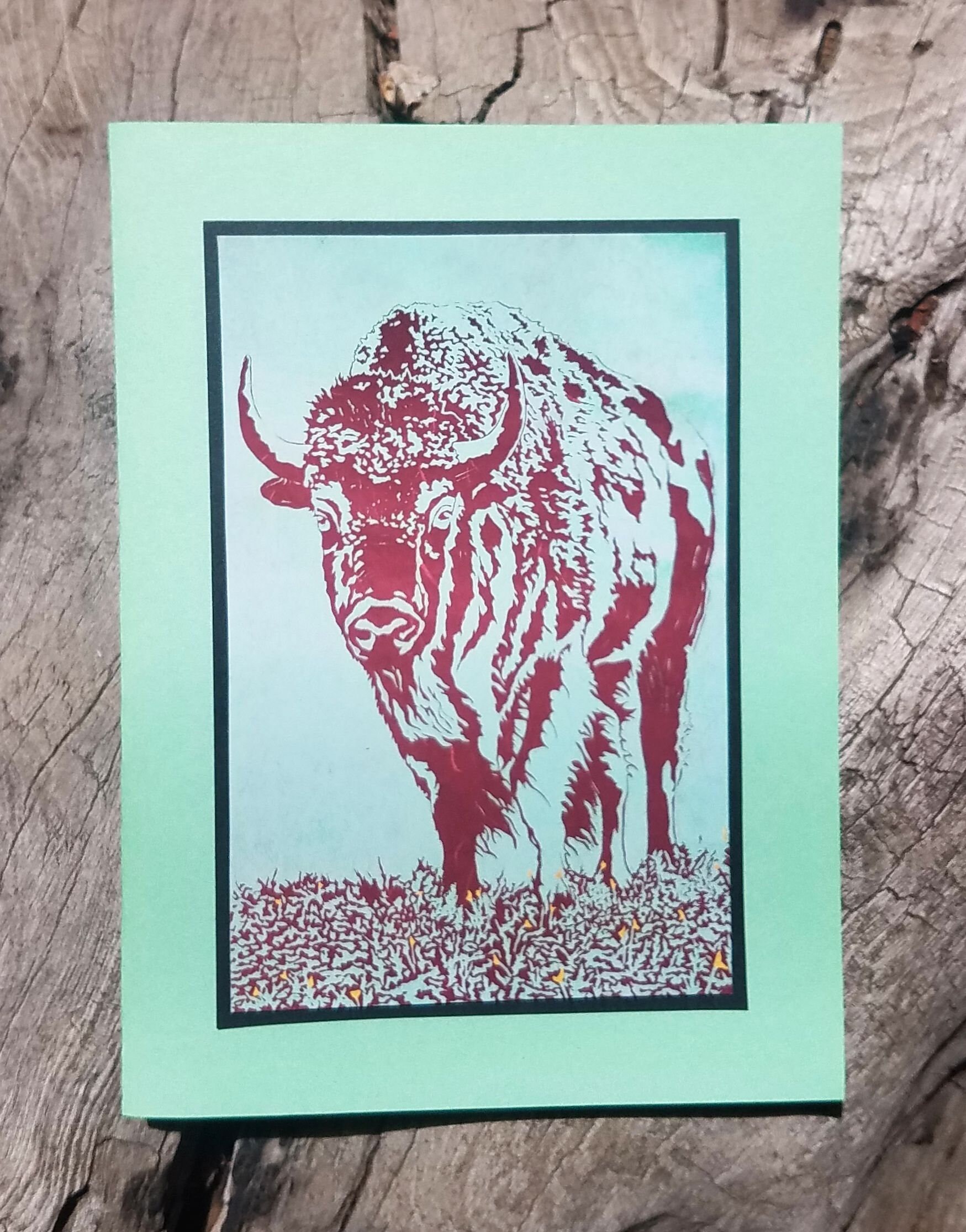 5 Handmade Bison of the Grasslands Cards sage Green, Baby Blue, Red ...
